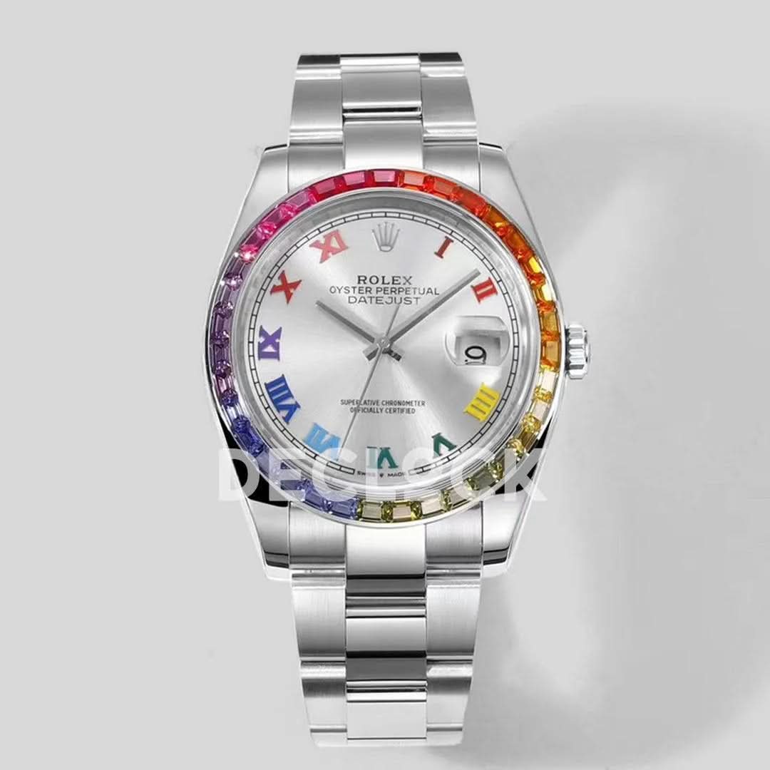 Replica Rolex Datejust 41 Silver Dial Rainbow Bezel – DECLOCK