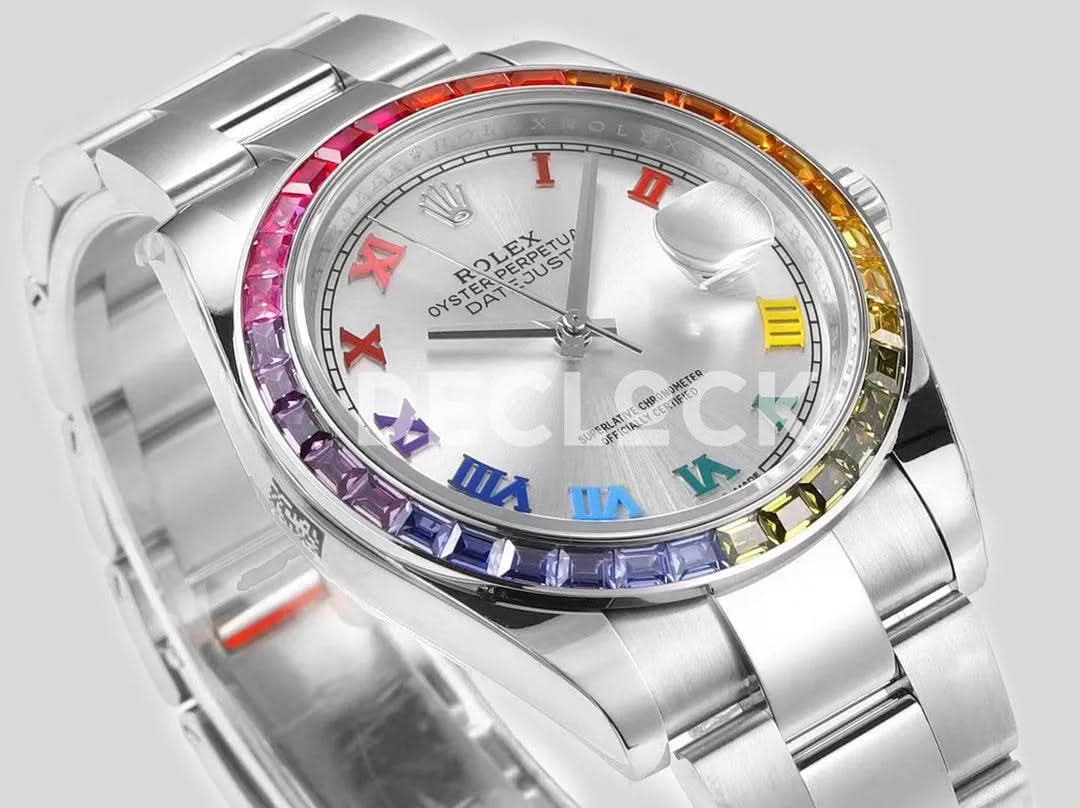 Replica Rolex Datejust 41 Silver Dial Rainbow Bezel – DECLOCK