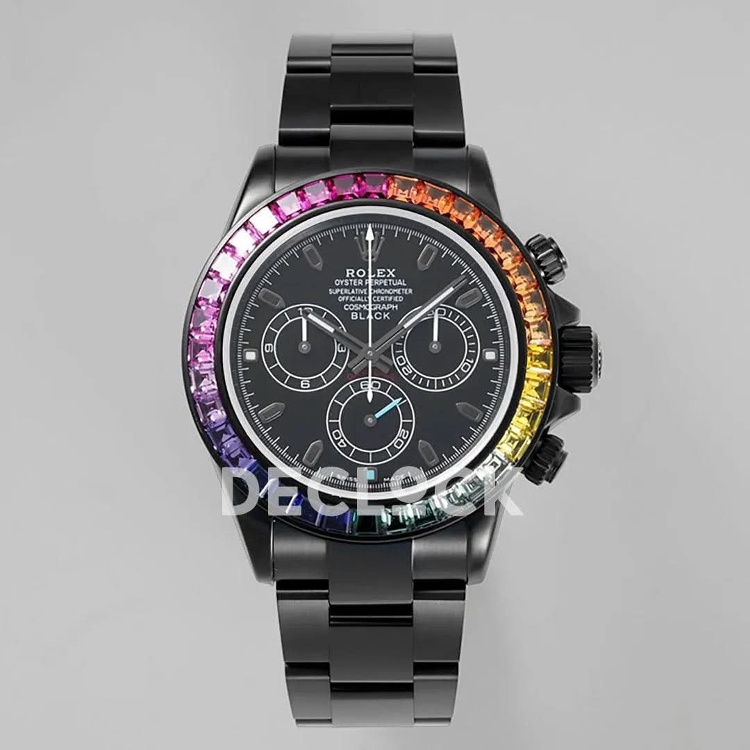 Replica Rolex Daytona Blaken Rainbow Diamonds Bezel Black Dial on PVD ...