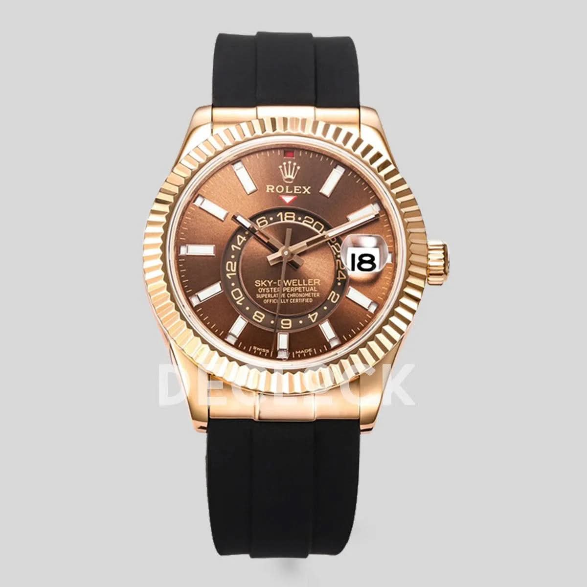 Replica Rolex Sky Dweller Rose Gold in Brown Dial on Black Rubber Strap ...