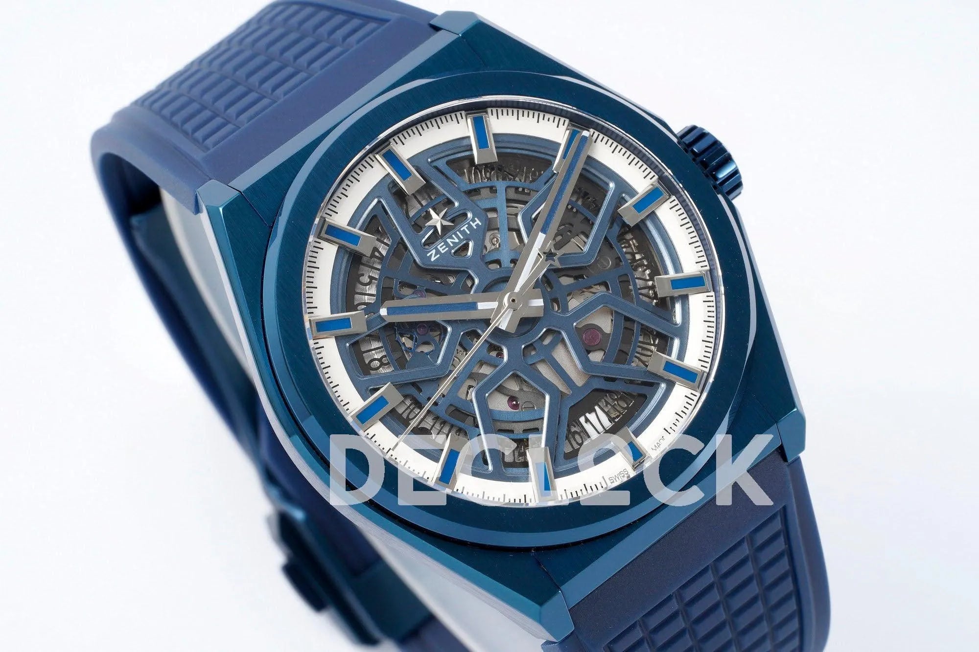 Replica Zenith Defy Classic Skeleton Blue Bezel on Blue Rubber Strap ...